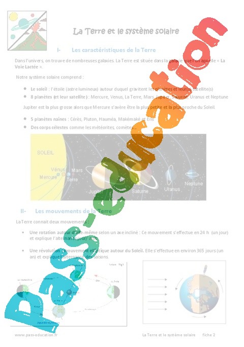 La Terre et le système solaire - Cours : 6eme Primaire - PDF à imprimer