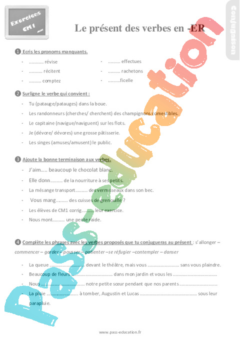 Le présent des verbes en - er - Exercices, révisions : 4eme Primaire ...