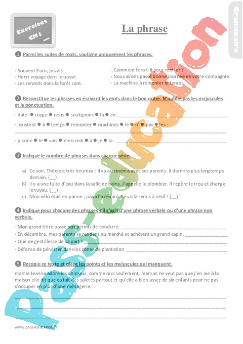 La phrase - Exercices, révisions : 4eme Primaire - PDF à imprimer