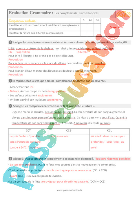 Les compléments circonstanciels - Examen Evaluation et Bilan avec le ...