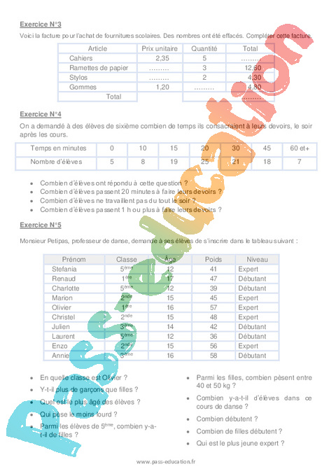 Lire et exploiter un tableau - Examen Evaluation, bilan, contrôle avec ...
