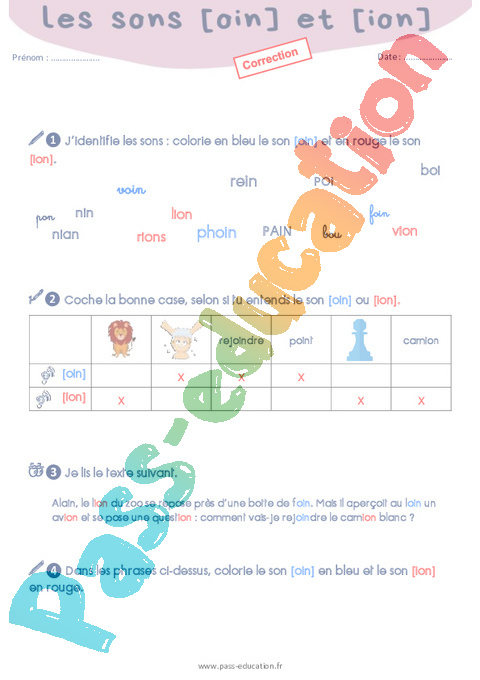 Confusion entre les sons [oin] et [ion] - Exercices de phonologie avec les corrections : 1ere ...