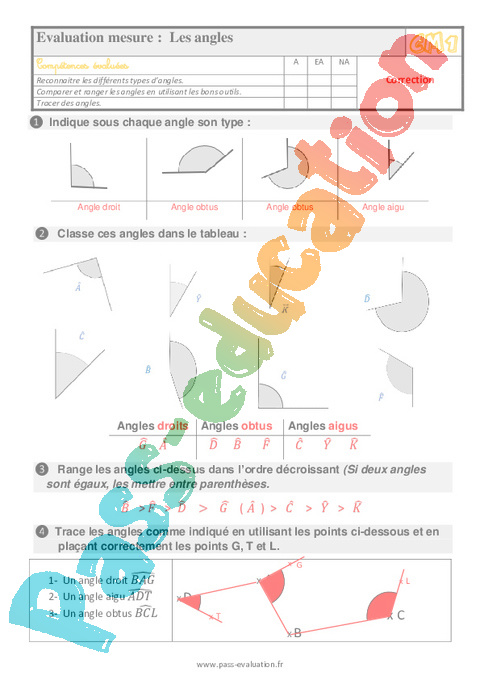 Evaluation et bilan sur les angles : 4eme Primaire - PDF à imprimer