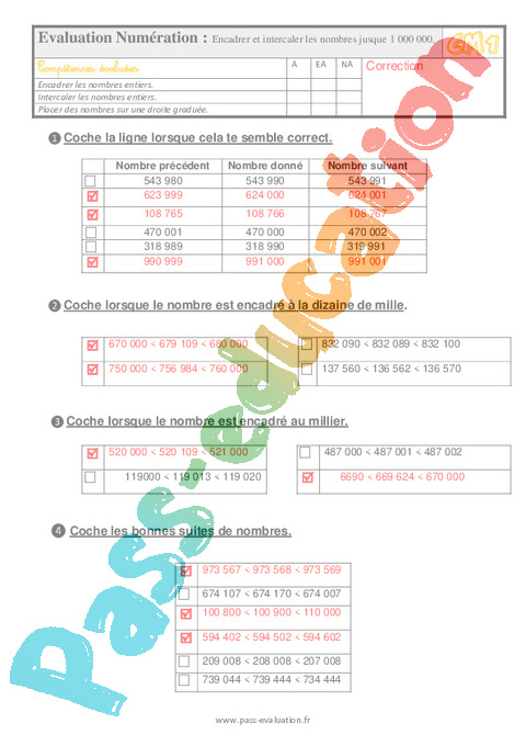 Encadrer et intercaler les nombres jusque 1 000 000 - Examen Evaluation ...