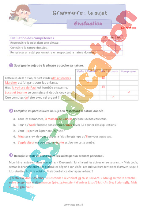 Le sujet - Évaluation de grammaire : 4eme Primaire - PDF à imprimer