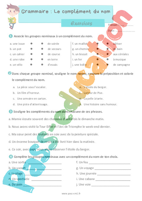 Le complément du nom - Exercices de grammaire : 4eme Primaire - PDF à ...