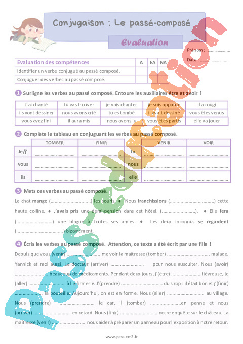 Le passé composé - Évaluation de conjugaison : 5eme Primaire