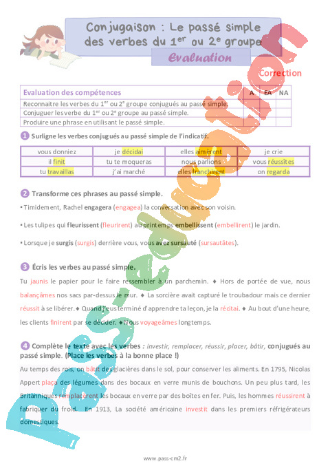 Le passé simple des verbes du 1er ou 2e groupe - Évaluation de ...