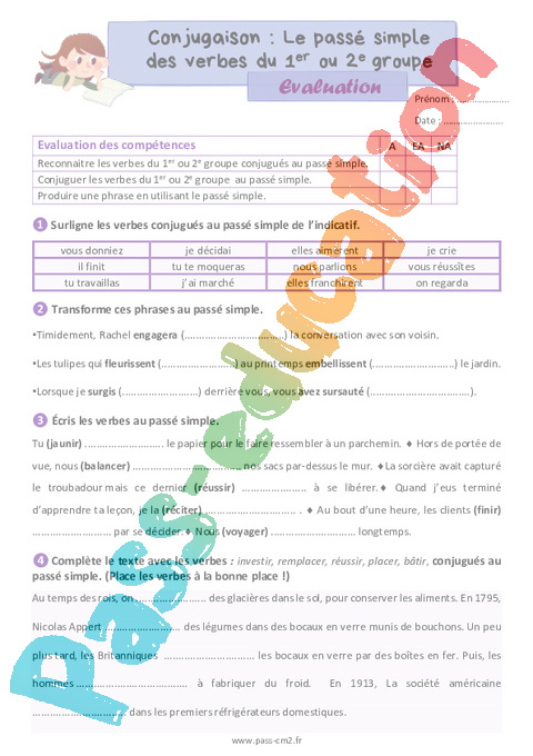 Le passé simple des verbes du 1er ou 2e groupe - Évaluation de ...