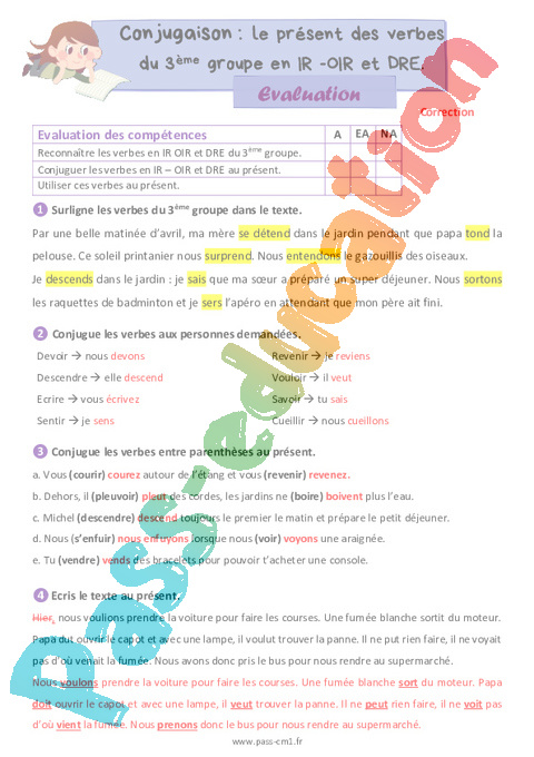 Le présent des verbes du groupe en - ir - oir et - dre - Évaluation de ...