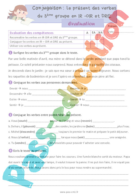 Le présent des verbes du groupe en - ir - oir et - dre - Évaluation de ...