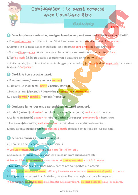 Le passé composé avec l’auxiliaire être - Exercices de conjugaison pour ...
