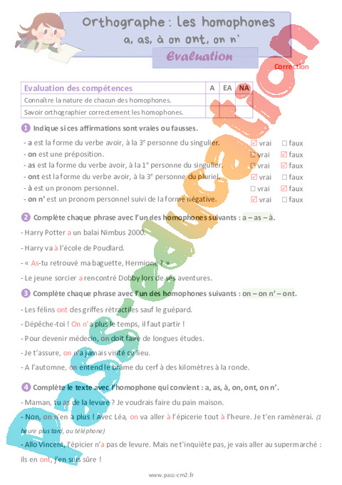 Les homophones a, as, à / on, ont, on n’ - Évaluation d'orthographe ...