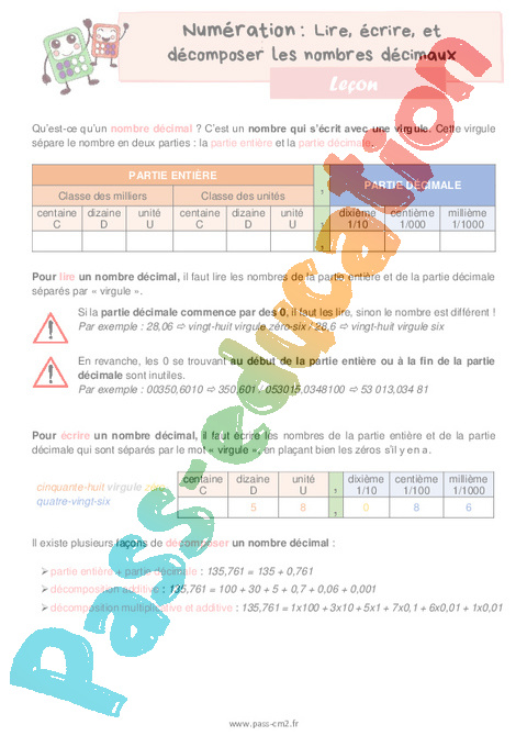 Lire, écrire et décomposer les nombres décimaux - Cours, Leçon de ...