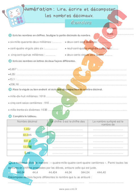 Lire, écrire et décomposer les nombres décimaux - Exercices de ...