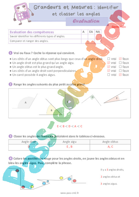 Identifier et classer les angles - Évaluation de grandeurs et mesures : 5eme Primaire - PDF à ...