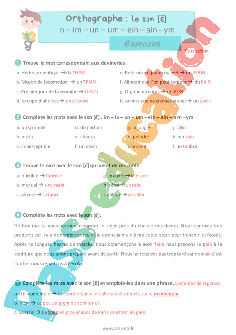 Le son [ɛ̃] - Fiches In - im - un - um - ein - ain - ym - Exercices d ...