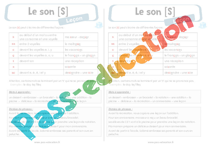 Le son [S] - Phonologie - Cours, Leçon : 3eme, 4eme Primaire - PDF ...