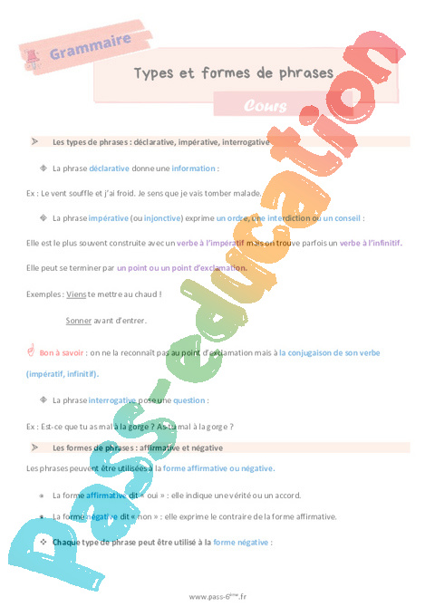 Types et formes de phrases - Cours de grammaire pour la : 6eme Primaire ...