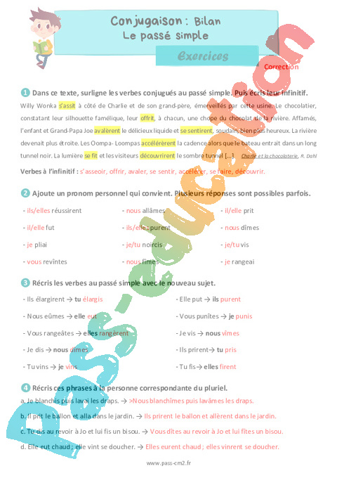 Le passé simple (bilan) - Exercices de conjugaison : 5eme Primaire ...