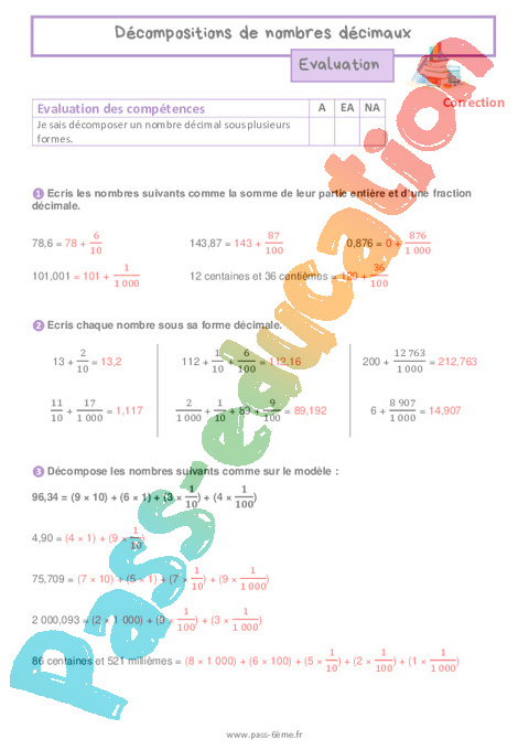 Décompositions de nombres décimaux - Évaluation de numération pour la ...