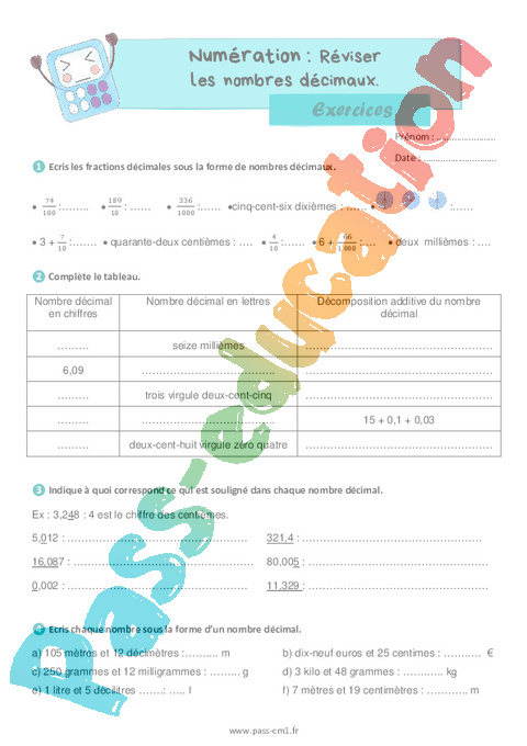 Les nombres décimaux (révision) - Exercices de numération : 4eme ...