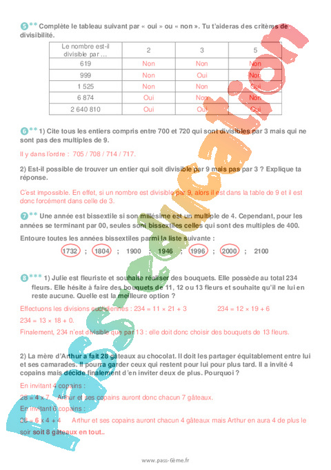 Multiples, diviseurs et critères de divisibilité - Exercices de : 6eme Primaire
