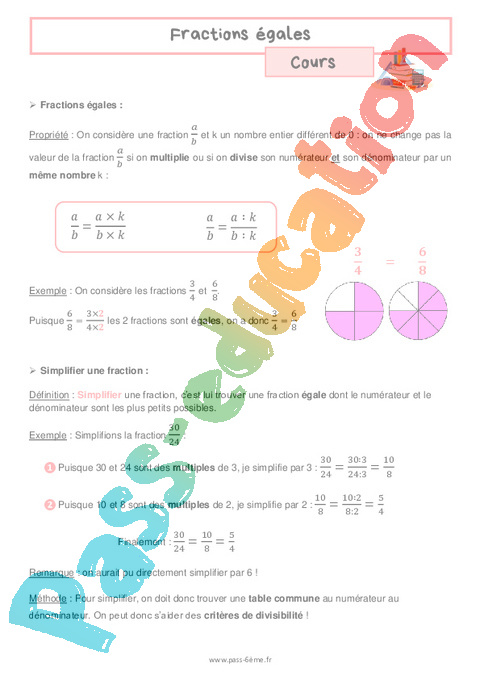 Fractions égales - Cours de : 6eme Primaire - PDF à imprimer