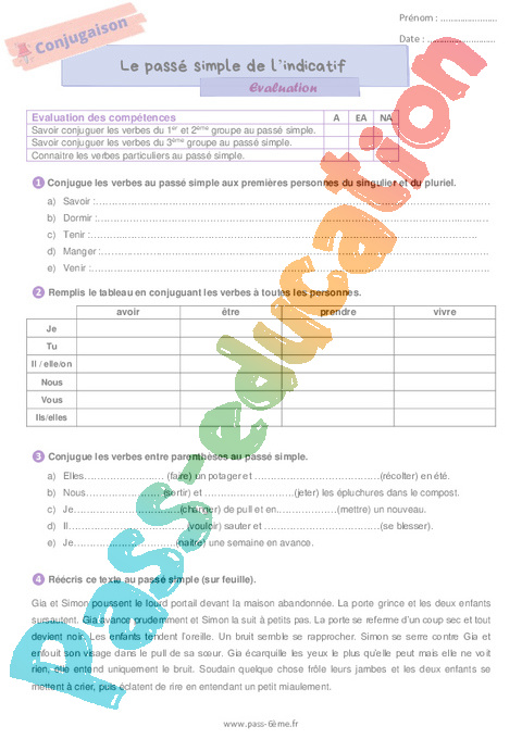 Le passé simple de l’indicatif - Examen Evaluation de conjugaison pour ...