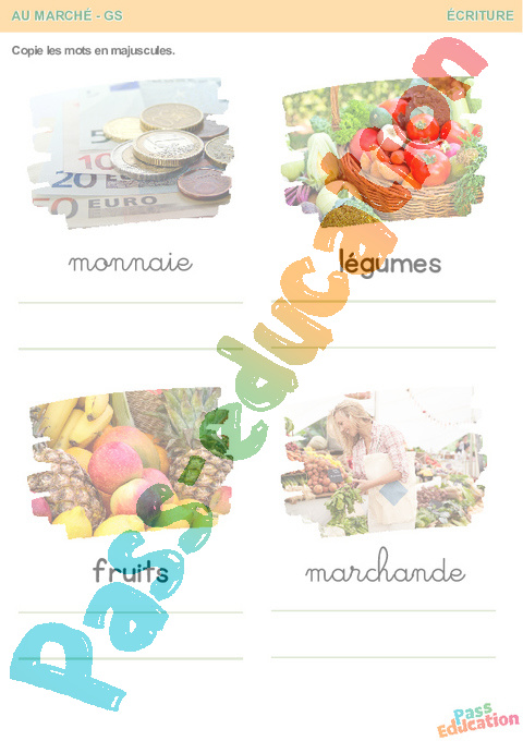 Au marché - Ecriture : 3eme Maternelle - Cycle Fondamental - PDF à imprimer