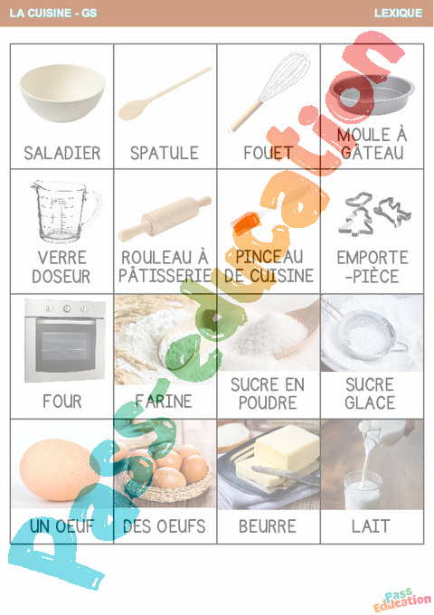La cuisine - Lexique : 3eme Maternelle - Cycle Fondamental - PDF à imprimer
